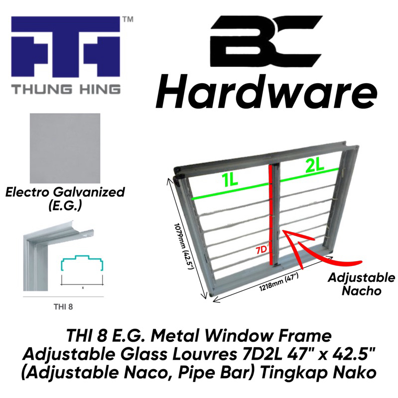THI 8 E.G. Metal Window Frame Adjustable Glass Louvres 7D2L 47" x 42.5 ...