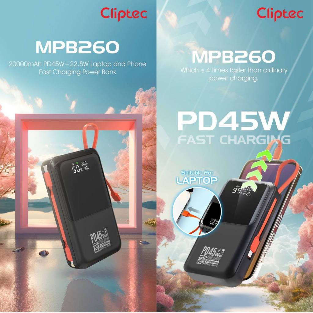 CLIPTEC MPB260 20000MAH PD45W+22.5W LAPTOP AND PHONE FAST CHARGING ...