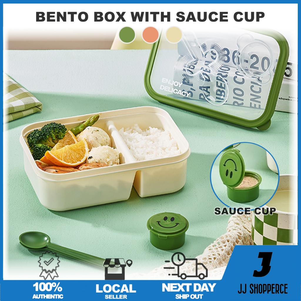 [MY] Bento Box With Sauce Cup/ Microwavable Lunch Box W/ Fork & Spoon/ 2 Compartment Food ...