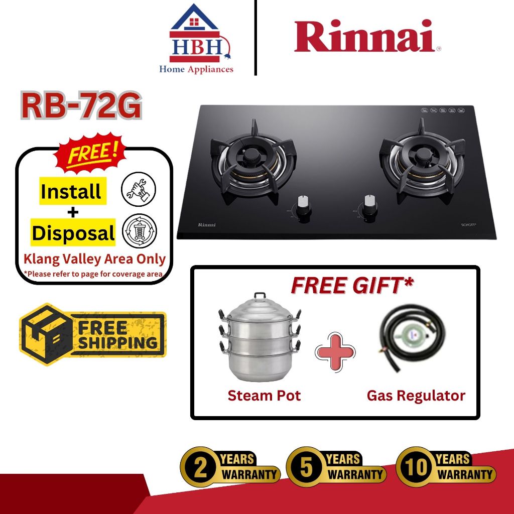 (FREE INSTALL) Rinnai RB-72G | 2-Hyper Burner Built-in Gas Hob (Glass) | 5.5kW Gas Input ...