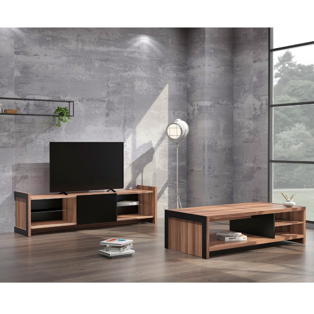 Modern Walnut Wooden Living Room Set TV Console Cabinet Coffee Table ...