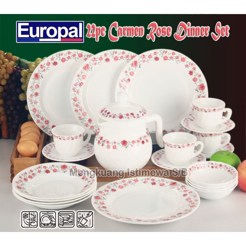 22 PC EUROPAL VINTAGE CARMEN ROSE OPAL DINNER SET PINGGAN MANGKUK ...
