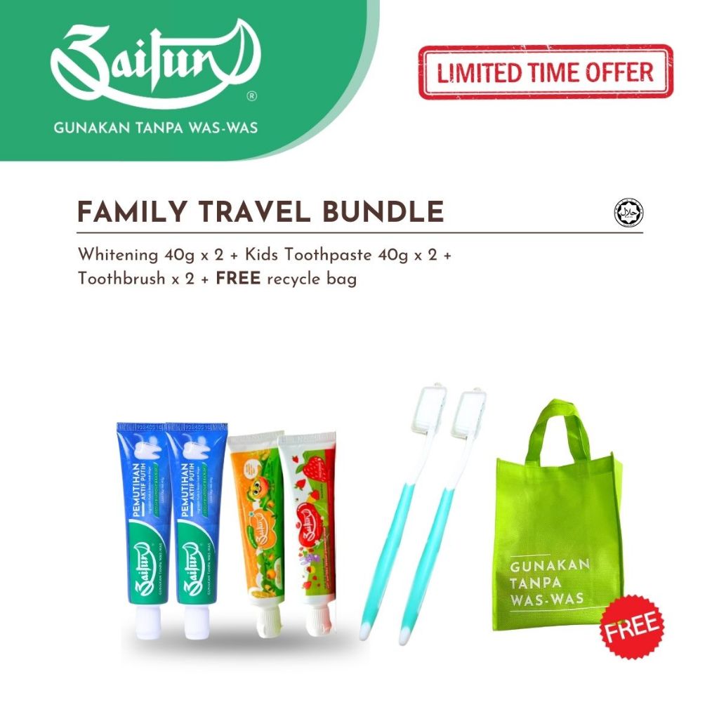 ZAITUN Family Travel Bundle - Whitening 40g x 1 + Kids Toothpaste 40g x ...