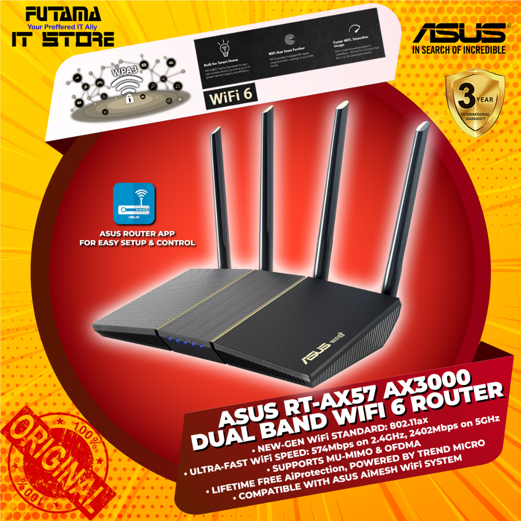 ASUS RT-AX57 - AX3000 Dual Band Smart WiFi 6 (802.11ax) Router | Shopee ...