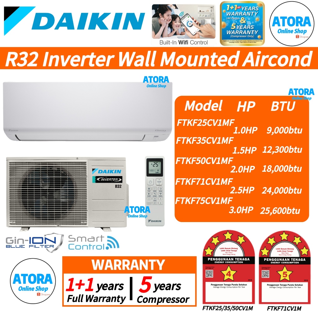 DAIKIN R32 INVERTER Air-conditioner FTKF series AIRCOND 1.0HP 1.5HP 2.0HP 2.5HP 3.0HP WIFI GIN ...