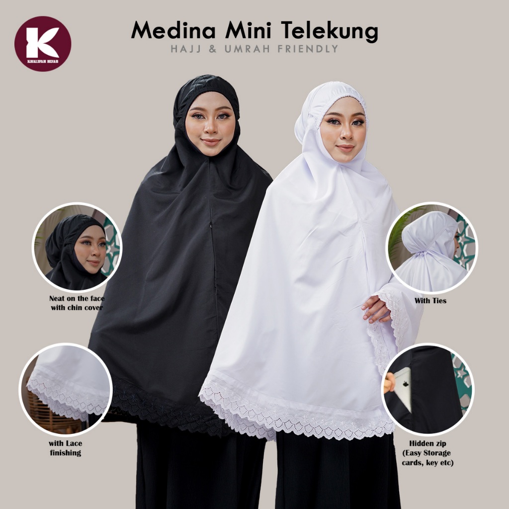 MINI TELEKUNG MEDINA (TOP ONLY) COTTON BERPOKET PUTIH HITAM | Shopee ...