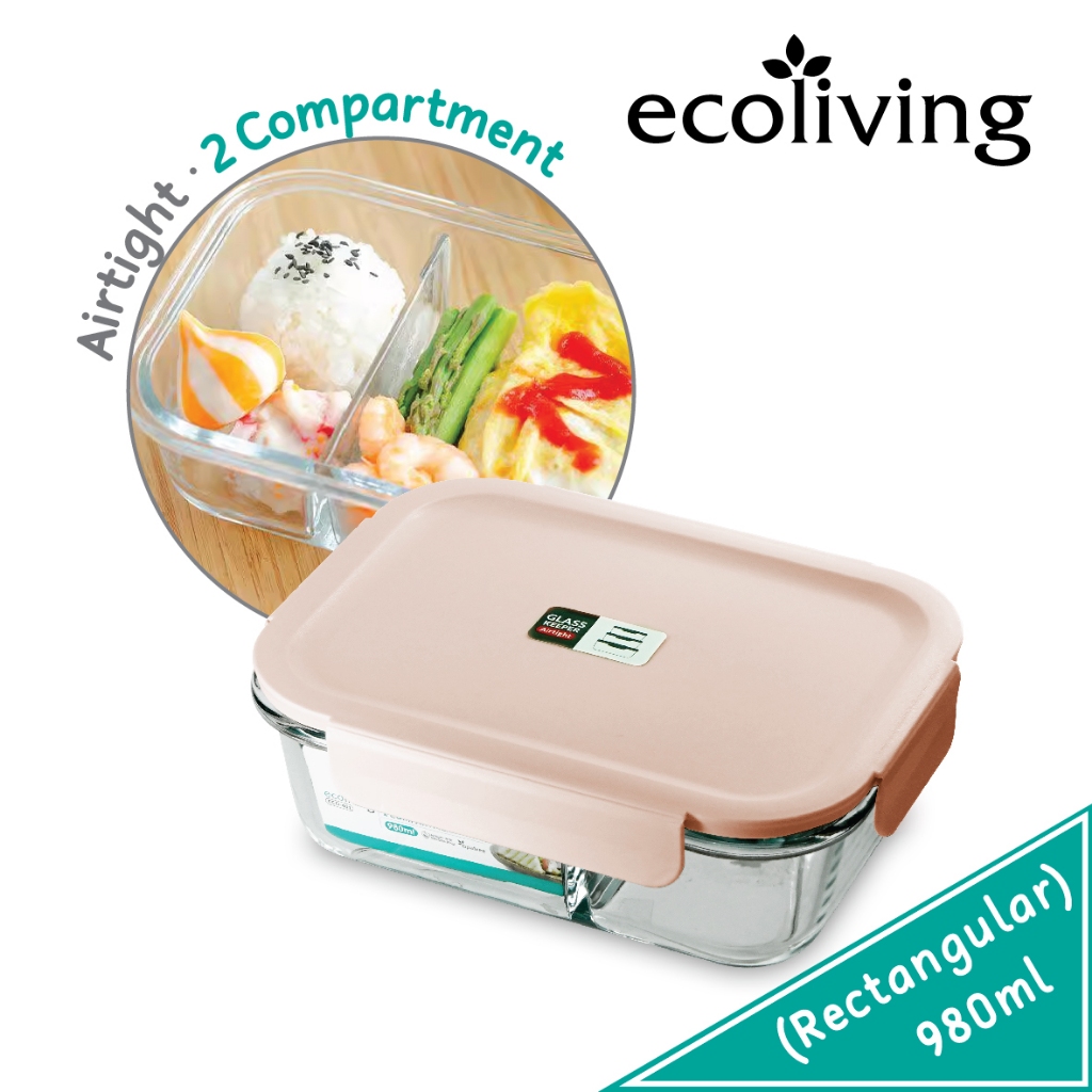 ECO LIVING 400-1000ml Rect. Airtight 4Side Glass Lock Food Container W/2,3 Compartment,Lunch ...