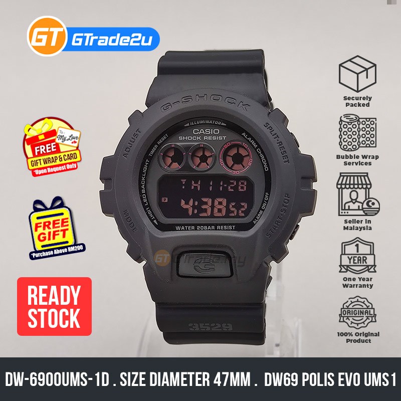 Original G Shock Men DW-6900UMS-1D Digital Polis Evo LED Watch Hitam ...