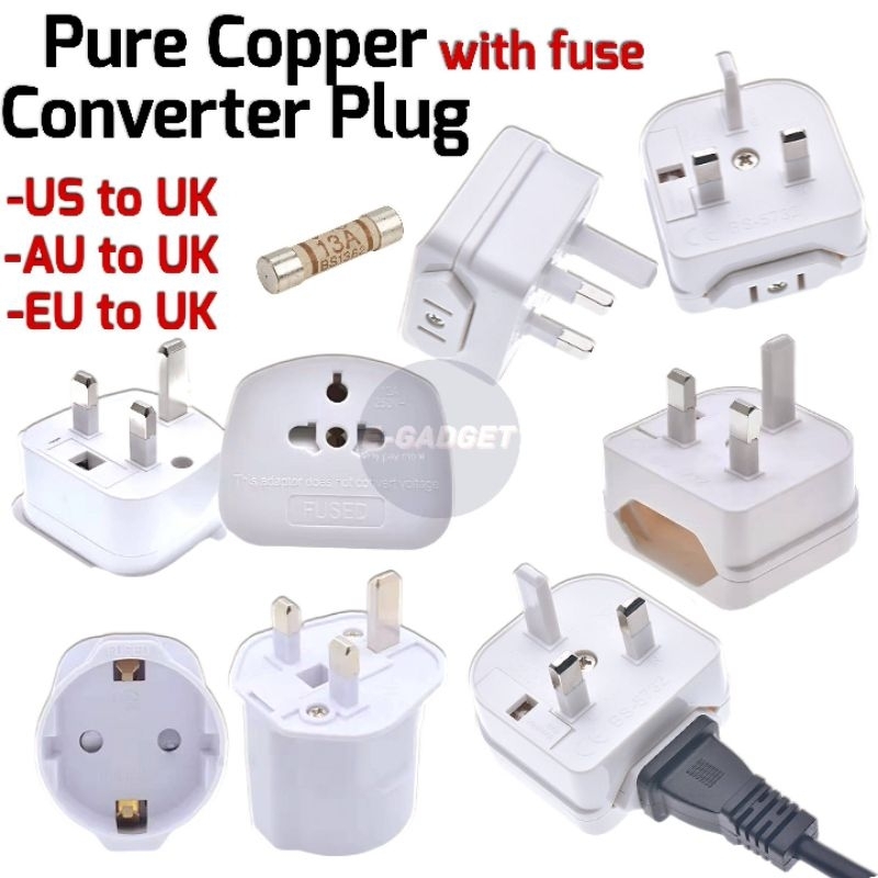 PURE COPPER EU US AU UK CONVERT PLUG WITH FUSED EURO US 2 PIN AU 2 PIN ...