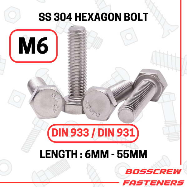 SS 304 Hexagon Bolt m6 x (8mm ~ 55mm) (Pitch 1.0mm) (Coarse Thread ...
