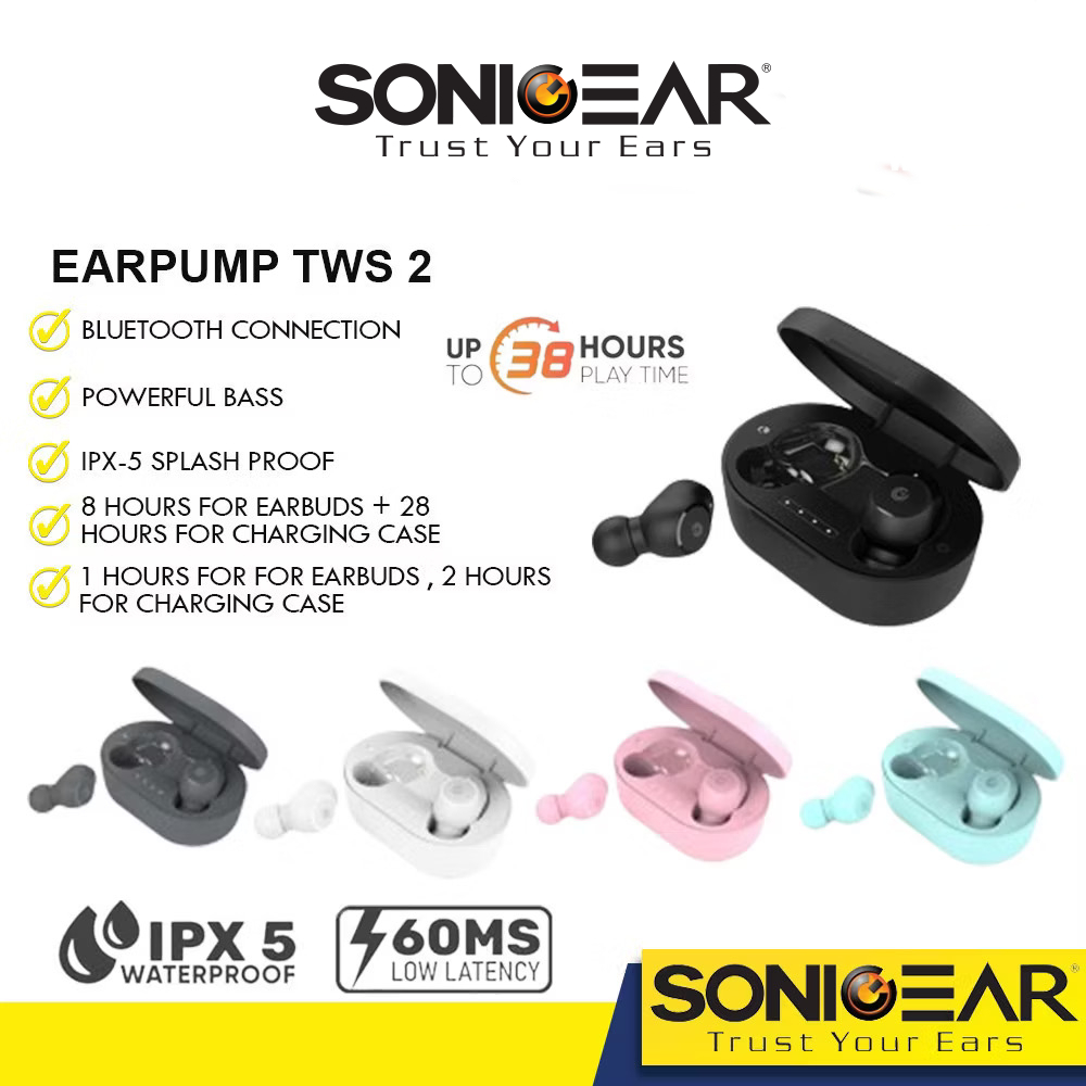 SonicGear TWS 2 Bluetooth Earbuds | IPX-5 Waterproof | 60ms Low Latency ...