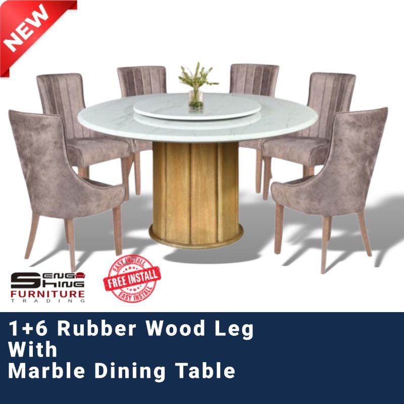 [SIAP PASANG]SENG HING 1+6 Marble Round Dining Set With Solid Wood ...