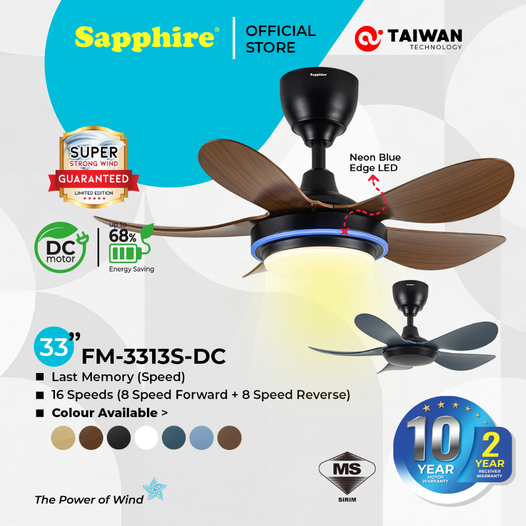 Sapphire 33” Ceiling Fan | FM3313S-DC | DC Motor | 16 Speeds | 5 ABS ...