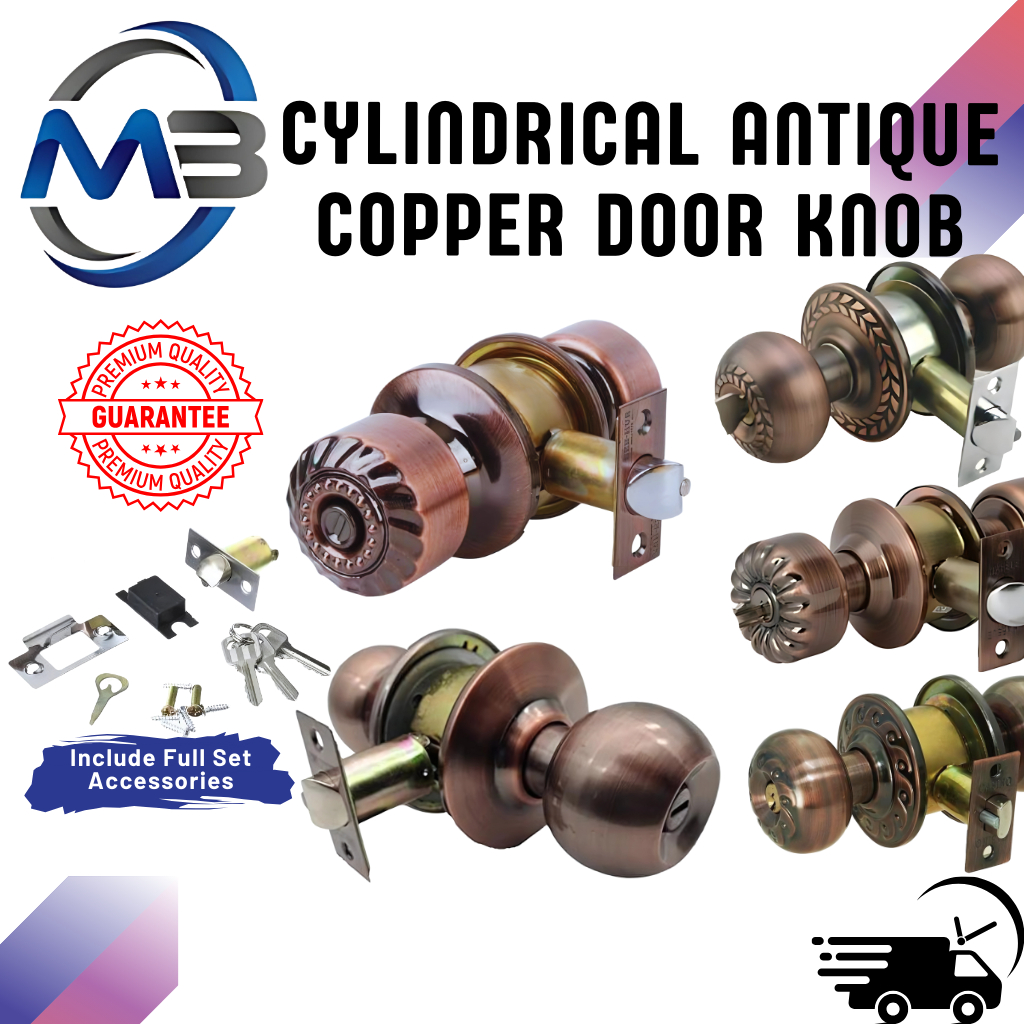 Antique Copper Cylindrical Door Lock Set AC/BN For Door / Tombol Pintu ...
