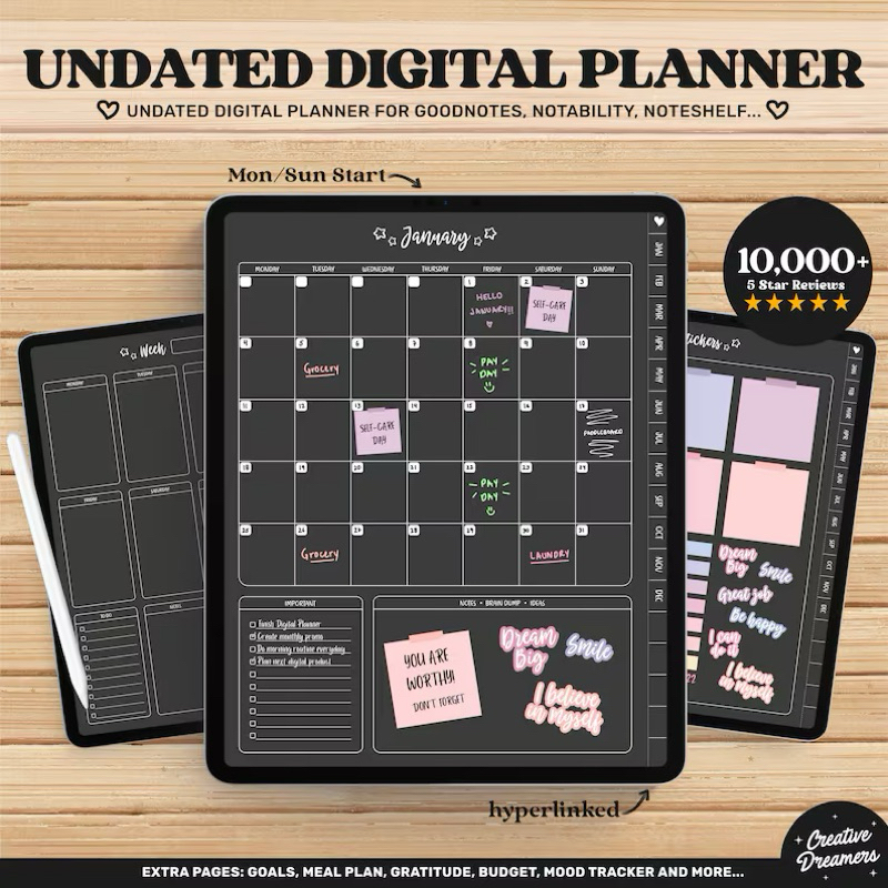 ⚡️INSTANT⚡️Digital Planner for Goodnotes | Dark Mode Undated Digital ...