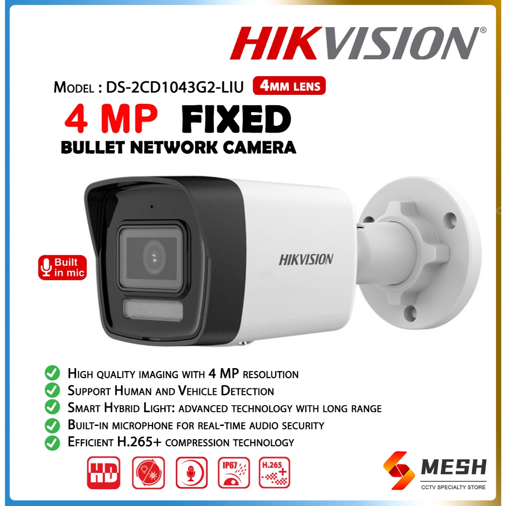 Hikvision 4MP 4 Megapixel Outdoor Network CCTV Camera 30m Light Mic 4mm Poe DS-2CD1043G2-LIU ...