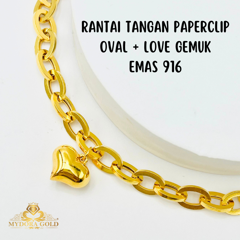 MYDORA Rantai Tangan Paperclip Oval Gantung Love Gemuk | Emas 916 ...