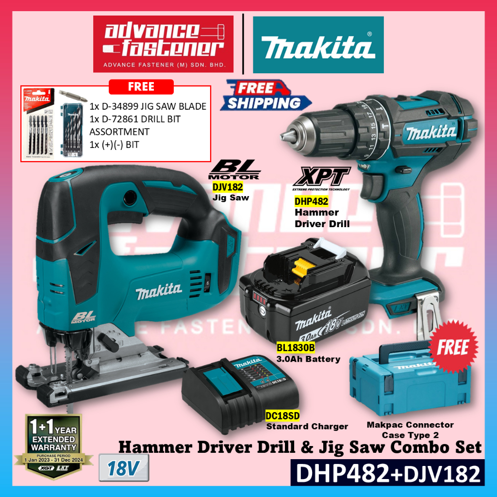 Makita 18V Cordless Combo Set ( DHP482 Cordless Hammer Driver Drill / DJV182 Cordless Jig Saw ...