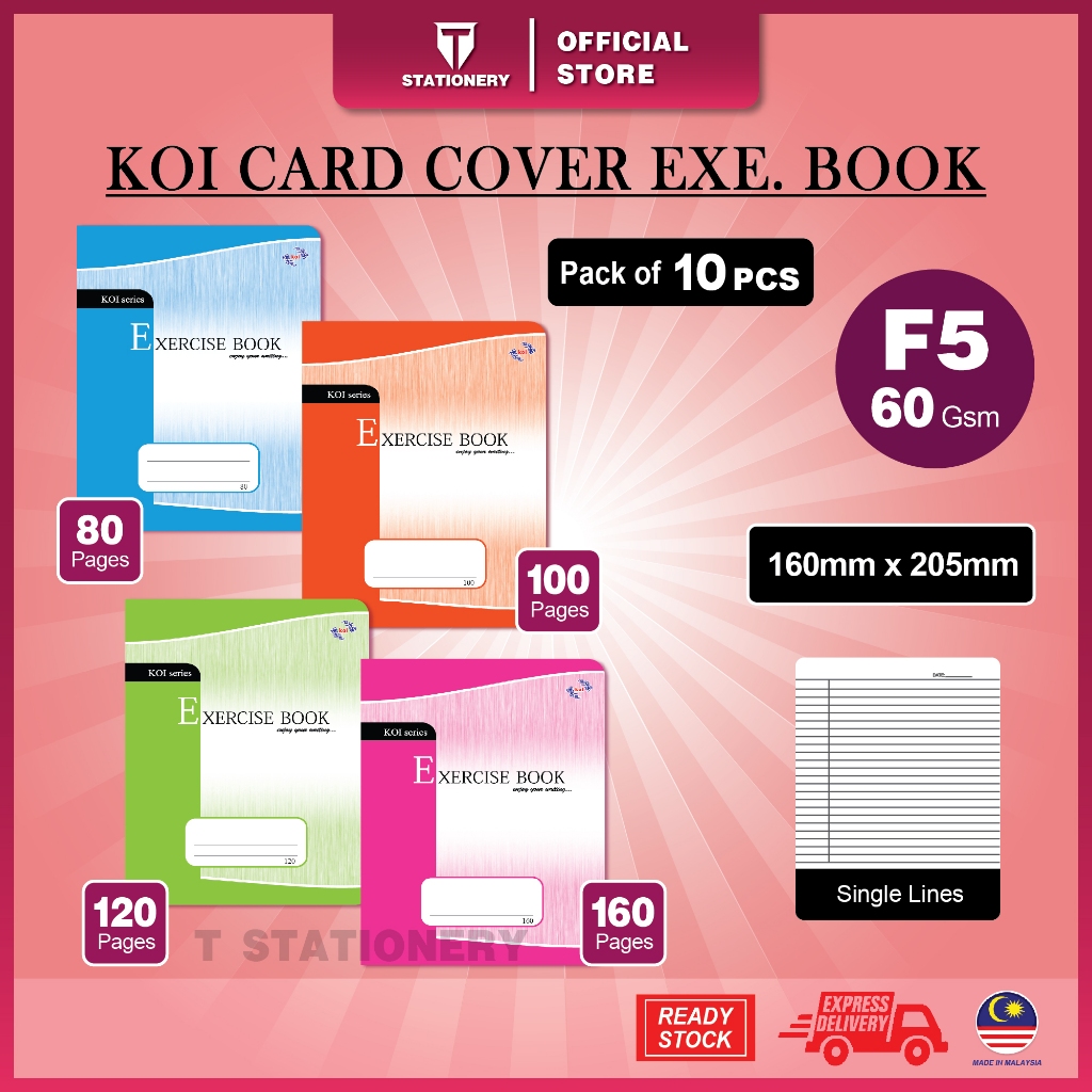 [10 pcs/pack] KOI Durable F5 Card Cover Exercise Book | 80pg | 100pg ...