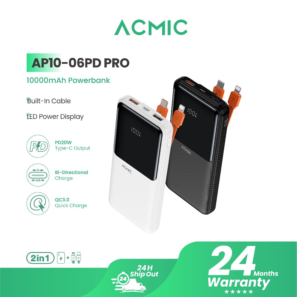 ACMIC AP10-06PD PRO Powerbank 10000mAh power bank built-in cable Type-C L Cable [24 Months ...