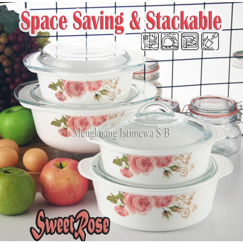 1.5L and 2.5L Sweet Rose Opal Glass Casserole with lid SE SE22226 ...