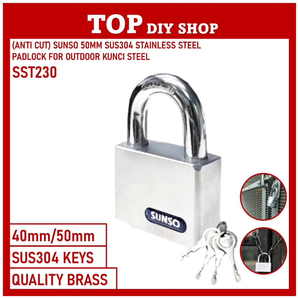 SUNSO SUS304 Stainless Steel Security Padlock Gate Lock 50MM | Shopee ...