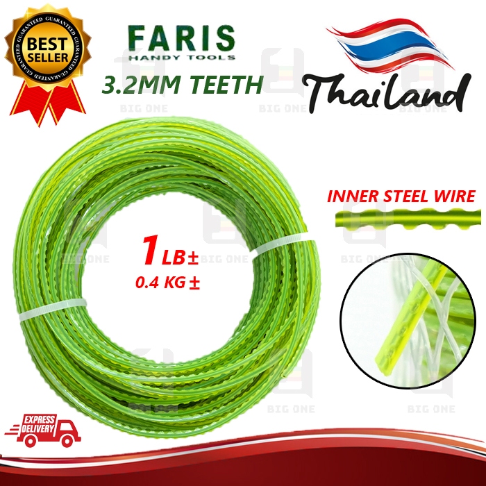 (LIGHT GREEN 1LB) FARIS THAILAND 3830 TEETH HEAVY DUTY 3.2MM NYLON TRIMMER LINE GRASS CUTTING ...