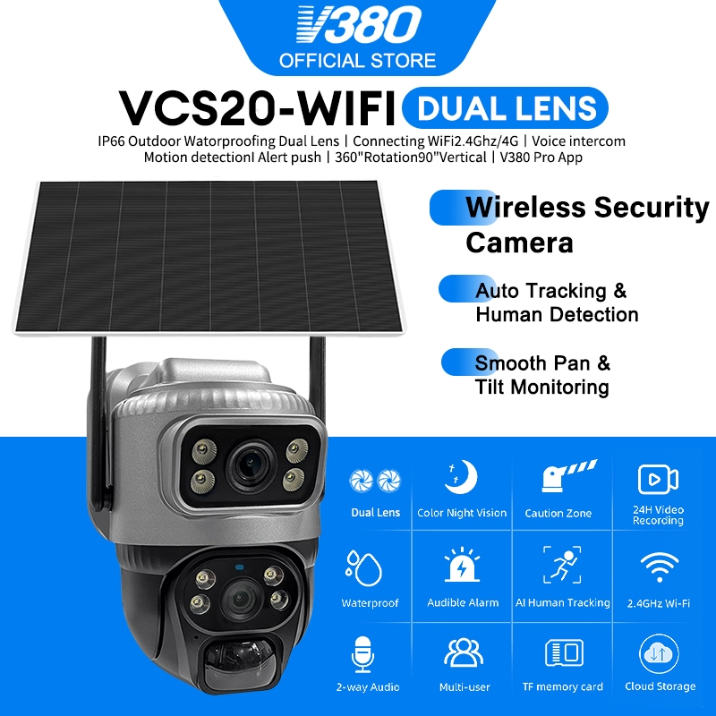 V380 PRO VCS20 Solar Outdoor Camera Wireless Dual Lens Waterproof WiFi ...