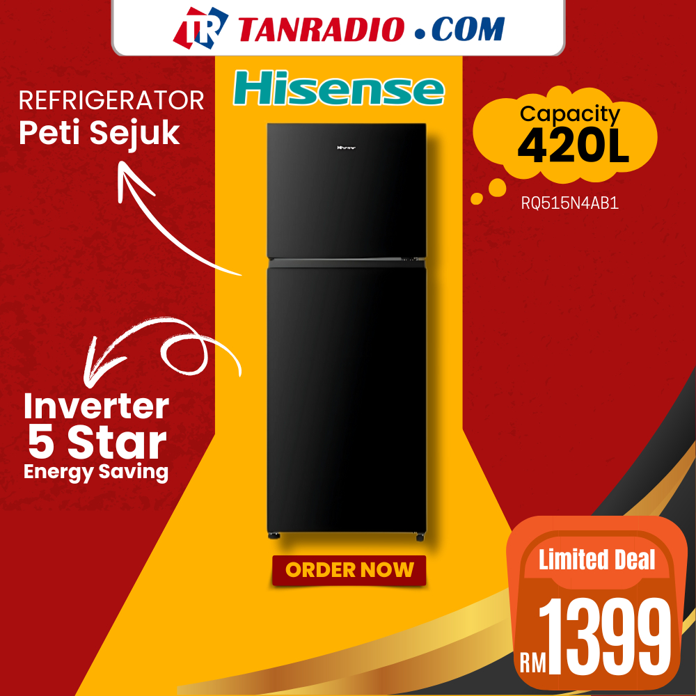 Hisense Refrigerator 420L Inverter Black Twin Door Fridge RT439N4ABN1 Peti Sejuk 2 Pintu Hitam ...
