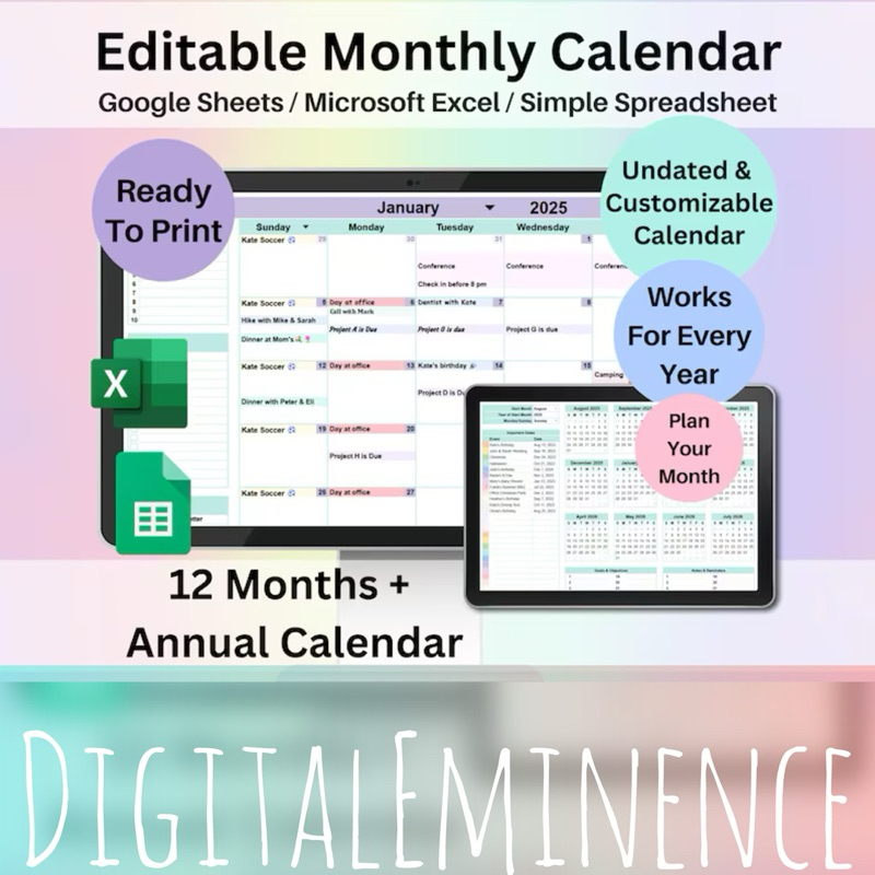 Editable Monthly Calendar 🗓️ Google Sheets & Excel | Undated Digital ...