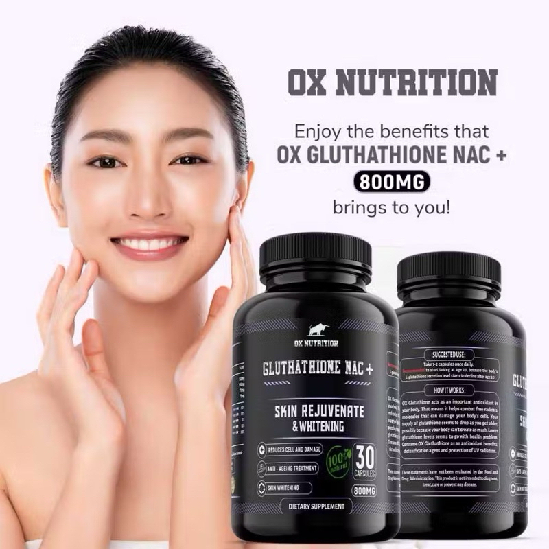 OX Nutrition Gluthathione Nac+ 30 caps 800MG 100% Natural Skin ...