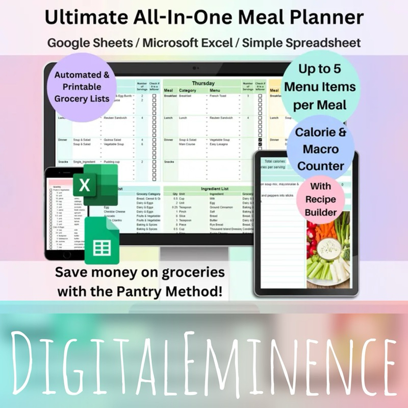 Weekly Meal Planner Spreadsheet Google Sheets & Excel 🍴 Recipe Builder ...