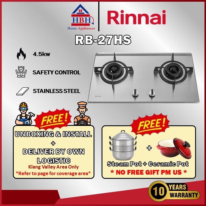 (FREE INSTALL) Rinnai RB-27HS | 2-Burner Built-in Gas Hob (Stainless Steel) | 4.5kW Gas Input ...