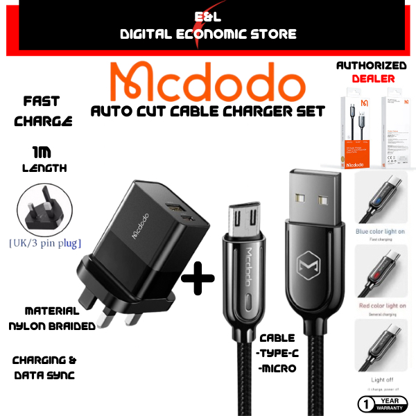 【1yr Warranty】 MCDODO Auto Power Off Cable CA 620 6190 Type C Micro Charging & Data Sync 1m CH ...