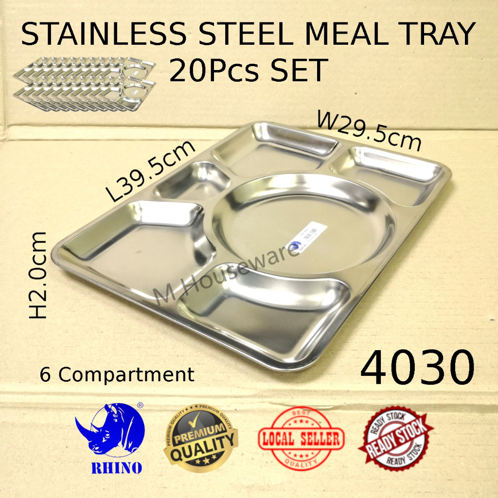 Rhino 6 Compartment Stainless Steel Meal Tray SET 20PCS Food Serving ...