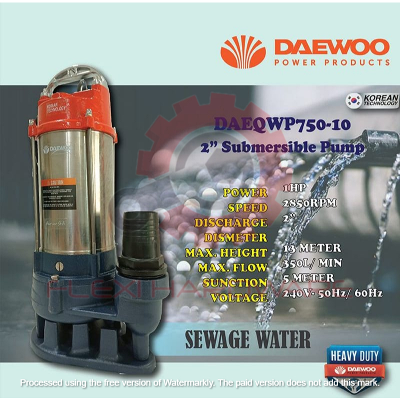 DAEWOO 2'' Submersible Pump Sewage PUMP 750W COPPER DAEWQP750-10F Auto ...
