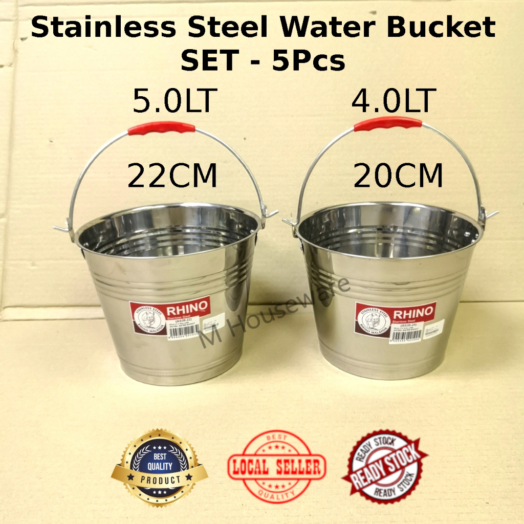 Stainless Steel Water Pail 5Pcs SET Water Pot Ice Bucket Waterpot 20cm ...