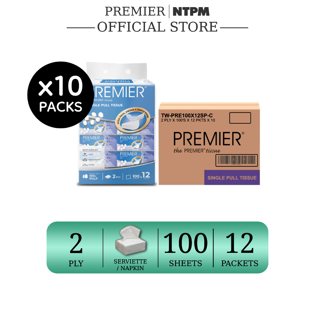 Premier Single Pull Tissue 2 PLY (100's x 12) X 10 Packs (Carton ...