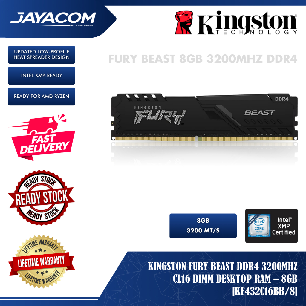 Kingston Fury Beast 8GB DDR4 3200MHz CL16 DIMM Desktop Ram – Black [KF432C16BB/8] | Shopee Malaysia
