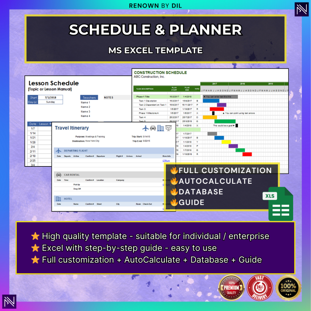 Schedule & Planner - Excel Template | Guide + Auto Calculate + Database + Full Customization ...