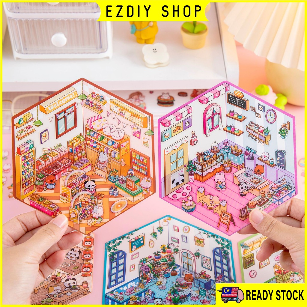 3D Miniature Scenes Sticker DIY Cute Cartoon Journal Cabin Scenes ...