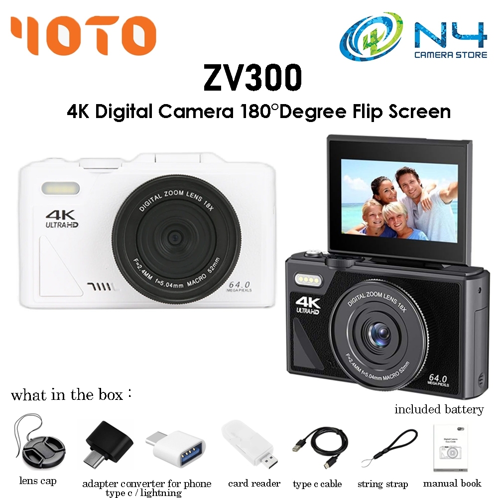 FOTO ZV300 Digital Camera 180°Flip Screen Selfie 4K Camera 16X Zoom ...