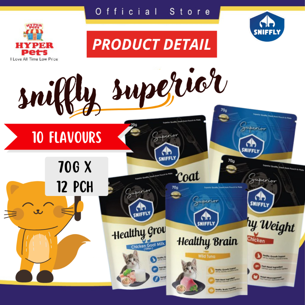 (70g x 12Pch) SNIFFLY SUPERIOR CAT WET FOOD POUCH l Chicken/Tuna/Salmon ...