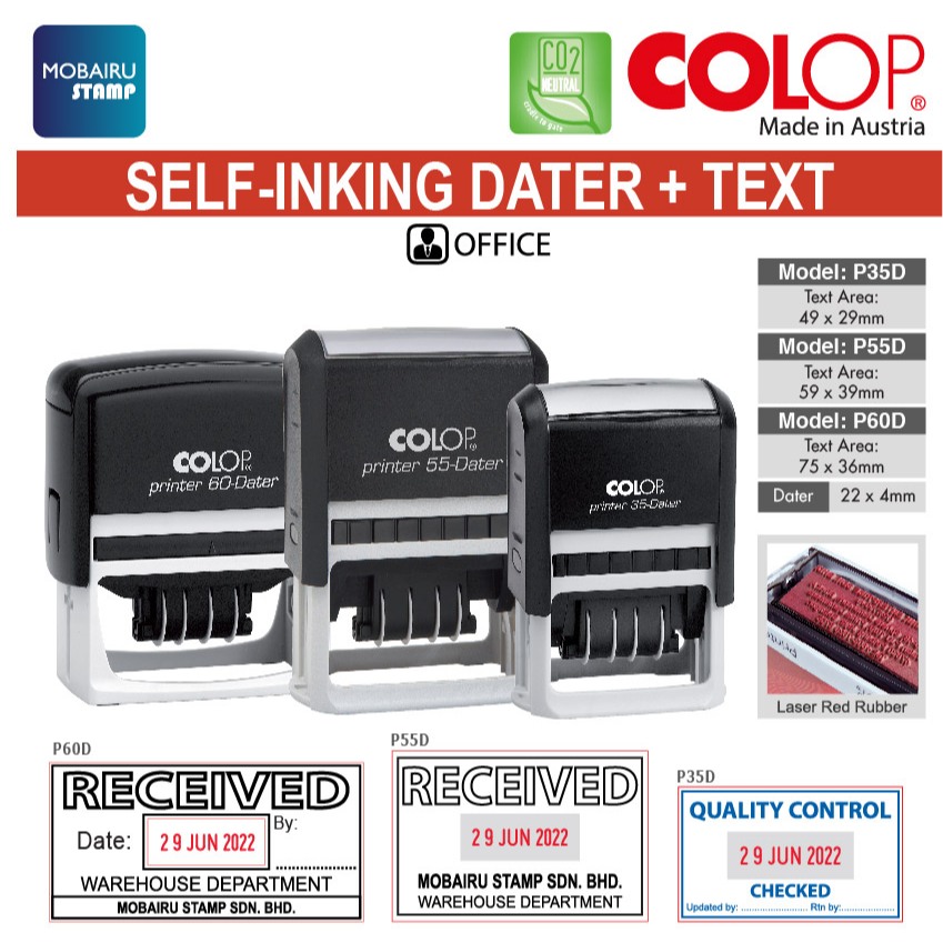 COLOP Dater + Text Rubber Stamps - Self Inking Printer P35D, P55D, P60D[Office, Schools ...
