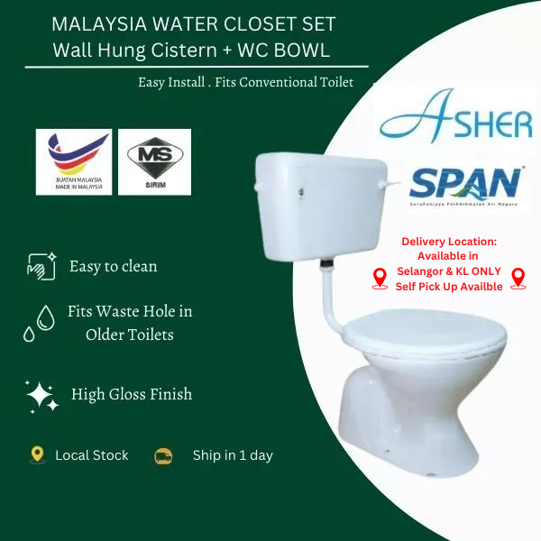 ASHER 2 PIECE CLOSE COUPLED WATER CLOSET SET WALL HUNG CISTERN + S-TRAP ...