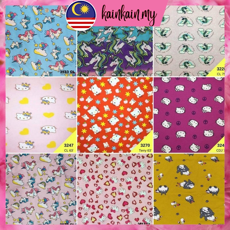🌸 Kain Knit Cotton Lycra CL Fabric Flower/Bunga/Cartoon/Hello Kitty ...