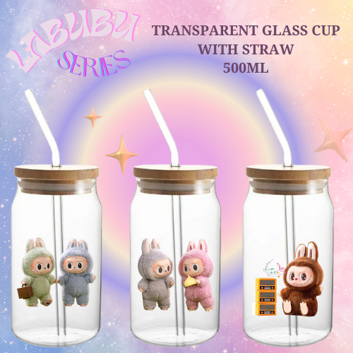 LABUBU Series 500ml Transparent Drinking Glass Cup with Straw and Lid ...