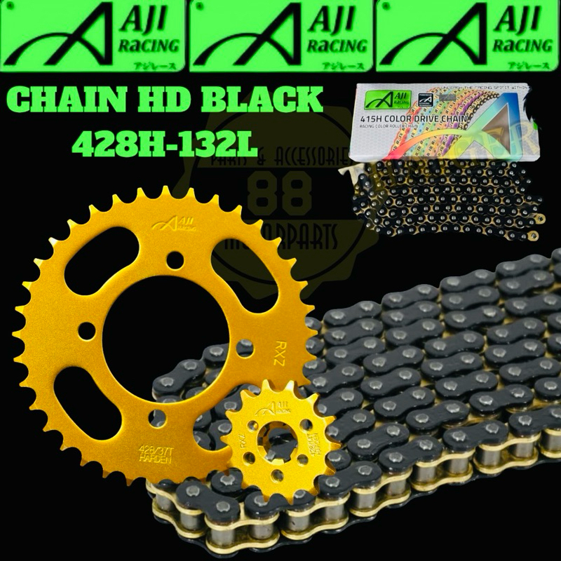 AJI RACING COLOUR CHAIN SPROCKET SET 428H-132L BLACK SPROCKET GOLD RXZ ...
