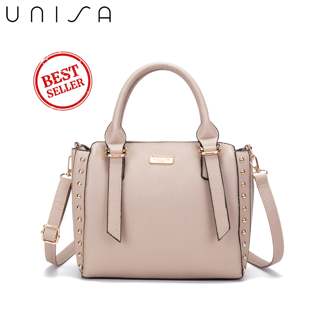 UNISA Saffiano Studded Convertible Top Handle Bag (Black/Grey/Khaki ...