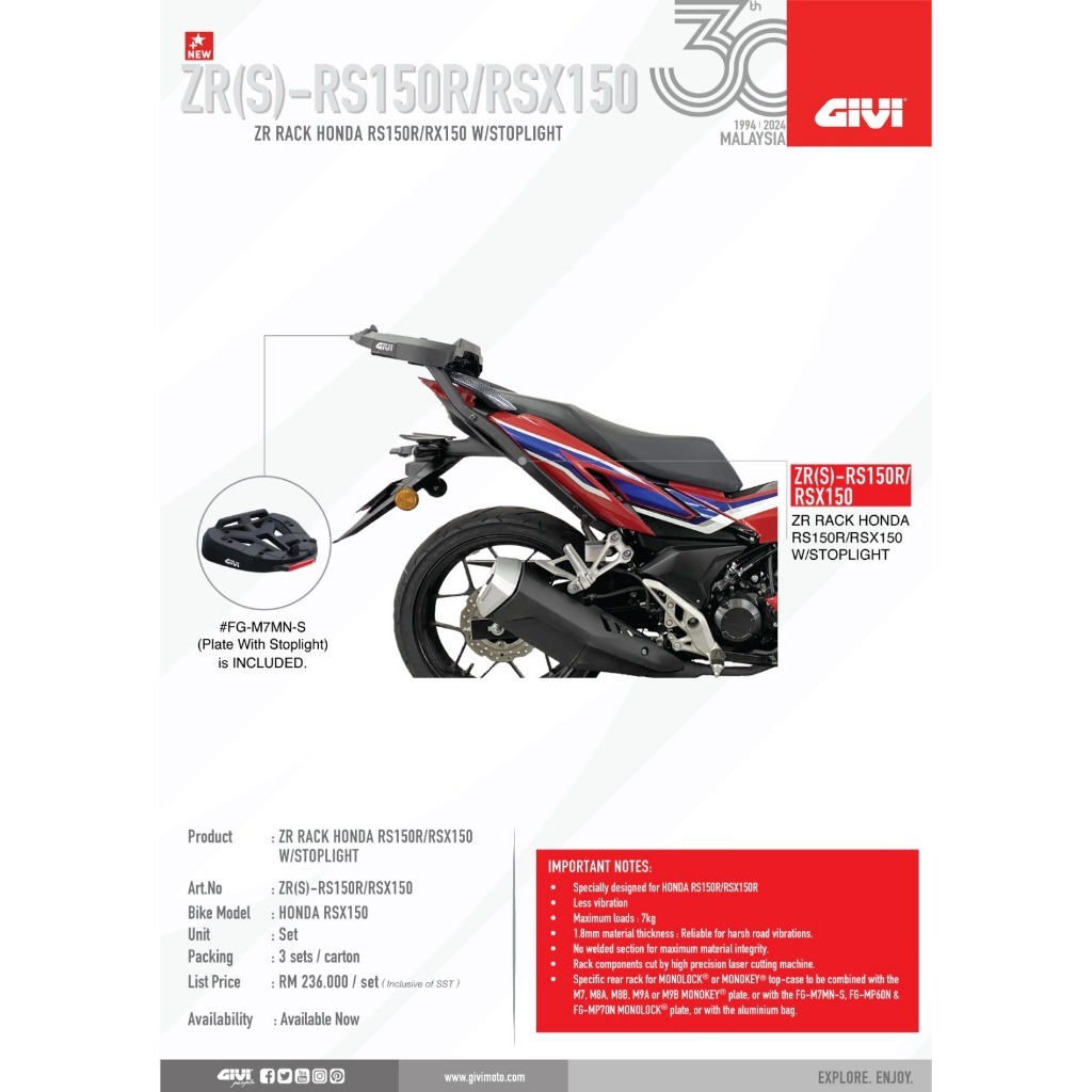 GIVI MONORACK RSX WINNER X RS150 V1-2 ZR Heavy Duty Rack with LED Stop ...